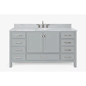 ARIEL 61" Grey Bathroom Vanity with Italian Carrara Marble Countertop & Backsplash, Center Oval Sink, 2 Soft Closing Doors, 9 Full Extension Dovetail Drawers, Brushed Nickel