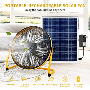 CYBERDAX 16 Inch Portable Rechargeable Solar Floor/Table Fan, Air Circulation Fan Powered by Solar Panel and AC Charger Dual Input for Indoor Household, Office, Camping, Picnic Outdoors
