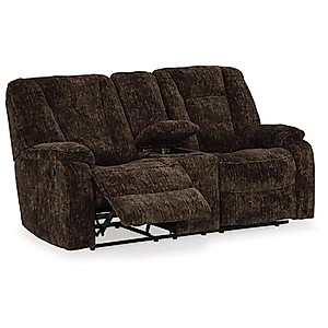 Signature Design by Ashley Soundwave Contemporary Manual Reclining Loveseat with Console and Cup Holders, Dark Brown