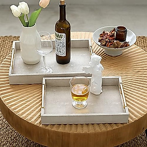 SwallowLiving Set of 2 Wood Serving Tray with Gold Polished Metal Handles Ivory Shagreen Decorative Tray PU Leather with Brushed Gold for Coffee Table Ottoman Console Table