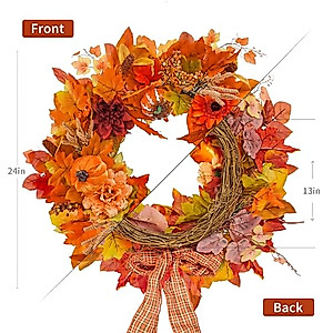 Fall Wreath for Front Door, 24 Inch Fall Door Wreath with Wreath Hanger, Autumn Pumpkin Wreath for Fall Decor Outdoor Indoor, Thanksgiving Day, Fall Decorations for Home