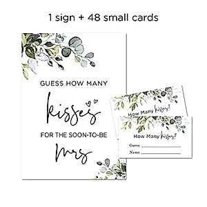 InvitationHouse Boho Greenery How Many Kisses for the Mrs, Bridal Shower Game (48 Cards + 1 Sign)