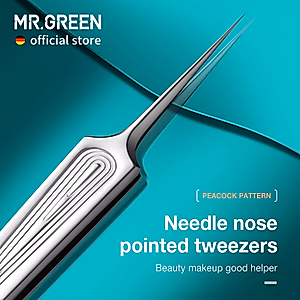 MR.GREEN Ingrown Hair Tweezers Needle Nose Pointed Tips Tweezers For Eyebrows Splinters Blackhead Removal Acne Clip Extractor (Long)