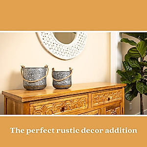 Avera Products Lasso Bucket Set of 2 | Galvanized Metal Bucket Planters for Indoor Plants, Rustic Metal with Gold Weld Trim, includes Drainage Holes