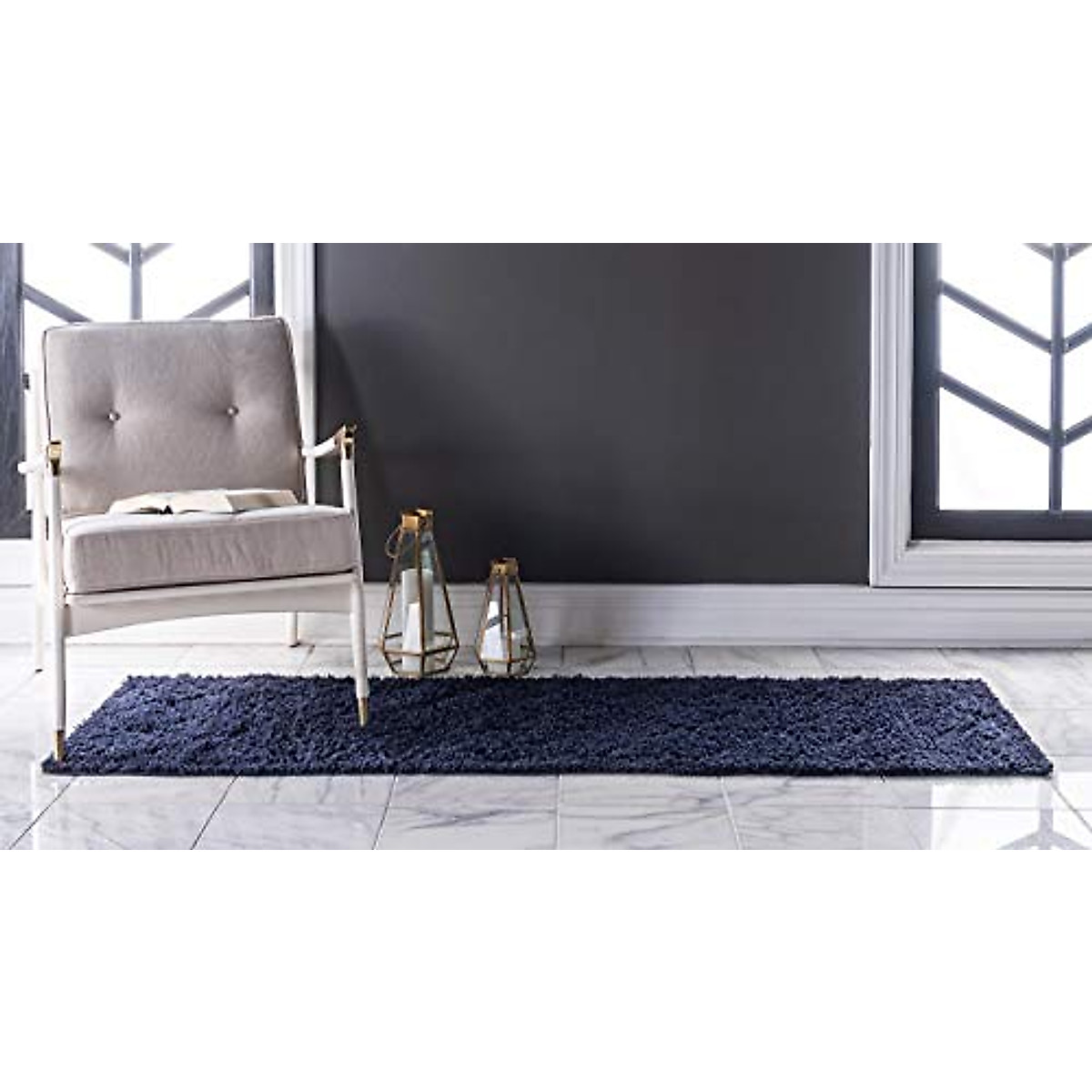 Unique Loom Trellis Shag Collection Plush Geometric Modern Moroccan Lattice Navy Blue Runner Rug (2' 7 x 10' 0)