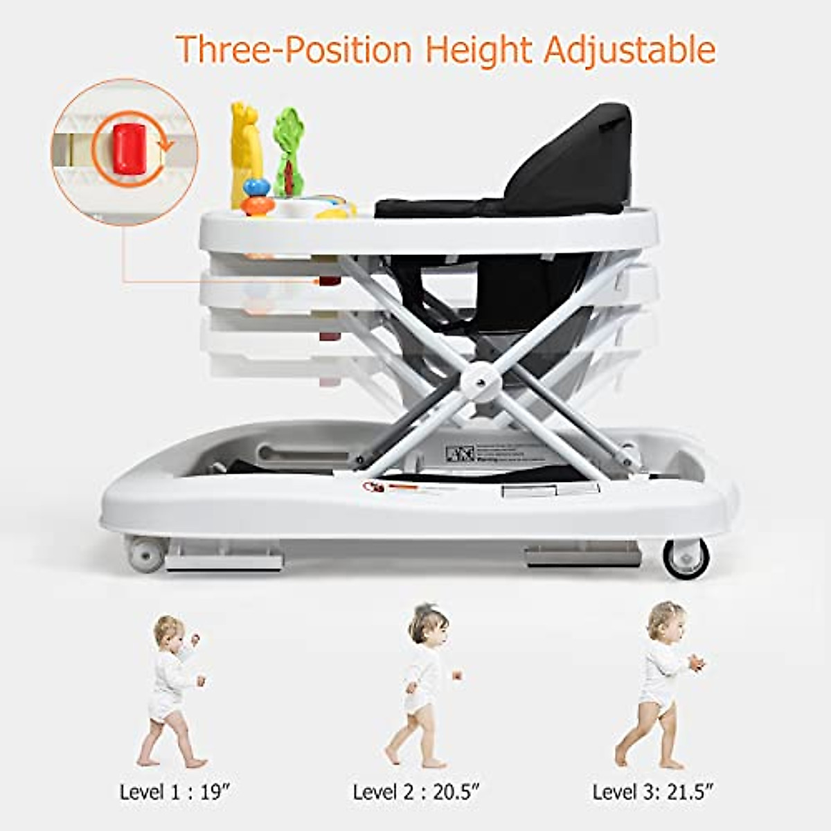 INFANS Foldable Baby Walker, 3 in 1 Toddler Walker Bouncer, Learning-Seated, Walk-Behind, Music, Adjustable Height, High Back Padded Seat, Detachable Trampoline Mat, Activity Walker with Toys (Grey)