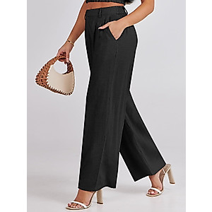 Caracilia Womens Summer Linen Palazzo Pants Wide Leg High Waist Business Casual Work Lightweight Trousers Loose Pleated Elastic Waist Dressy Pants 2024 Black Fashion Outfits with Pocket C118A3-heise-L