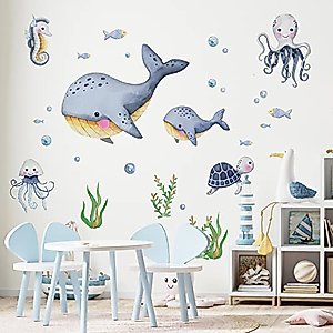 Mfault Under The Sea Whales Wall Decal Stickers, Ocean Hippocampus Octopus Turtle Fish Nursery Decoration Bedroom Bathroom Art, Neutral Marine Animal Toddler Kids Baby Boys Girls Room Decor Gift