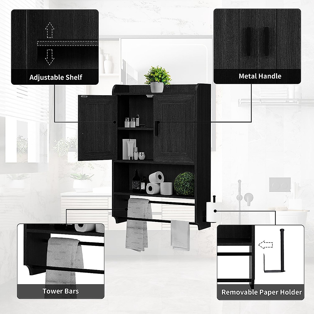 Bathroom Wall Cabinet, Wooden Medicine Cabinet Over the Toilet with Adjustable Inner Shelf, Wall Mounted Cabinet with Doors for Bathroom Storage, Hanging Cabinet for Wall with Towels Bar (Black)