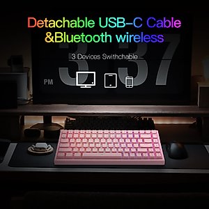 OKKID Mechanical Keyboard 60%, Wired Bluetooth Gaming Keyboard, Red Switches, RGB Backlight, CQ84 Wired Keyboard, 84 Keys, for Windows PC, Mac,Smartphone