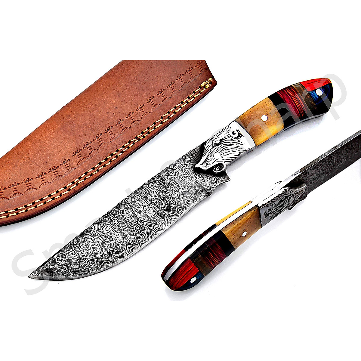 Smart & Sharp Custom Handmade Damascus Steel Hunting Knife/Skinning Knife AA-17287 (Natural Bone and Multi Color Wood)