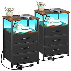LOAKEKEL Nightstands Set of 2, Large End Tables Living Room, Bed Side Tables with Charging Station, 24.7" Tall Night Stand with 3 Fabric Drawers and LED Light Strip for Bedroom HNS013BR