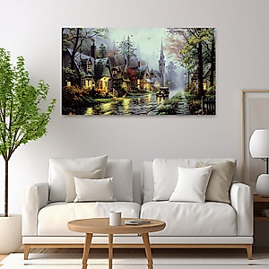 BOHU ARTS Clocktower Cottage Canvas Art Paintings Landscape Wall Art for Bedroom Livingroom Office Framed Ready to Hang