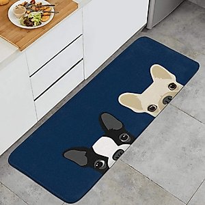 47"*18" Long Kitchen Mat Boston Terrier and French Bulldog Friends Microfiber Rubber Backing Non-Slip Water-Absorbent Anti-Fatigue Classic Foam Kitchen Rugs