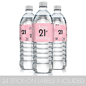 Pink, Black, and White 21st Birthday Party Water Bottle Labels - 24 Waterproof Wrappers - Chic Birthday Party Supplies