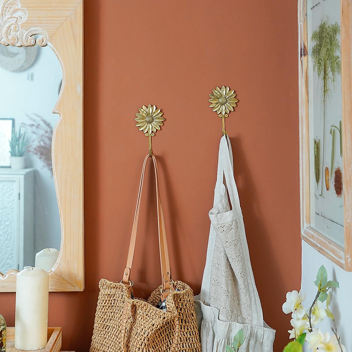 SOFFEE DESIGN 2pcs Golden Single Hooks 3D Flower Retro Style for Room Wall Mounted Decoration, Coat Hat Scarf Hanging Entry Heavy Duty Hooks, Home Decor