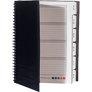 RE-FOCUS THE CREATIVE OFFICE, Password Book Keeper, Black, Small, Mini, Alphabetical Tabs, Spiral Bound, Removable Sheets, Journal Organizer, Includes, Website, Address, Username, Password