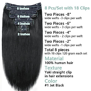 Straight Clip in Hair Extensions for Black Women Clip in Hair Extensions Real Human Hair,8pcs Per Set with 18Clips Double Lace Weft,120Gram,100% Real Soft Human Hair Natural Black (16Inch, #1B)