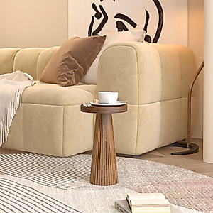 Mini Round Fluted Accent Pedestal Side Table, End Table, Drink Table Small Accent Table for Living Room, Mid Century Modern Night Stand, Circle Bedside Table, Wood Nightstands for Bedroom