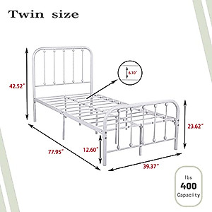 alazyhome Twin Size Metal Platform Bed Frame with Headboard and Footboard Sturdy Heavy Duty Steel Slat Support No Box Spring Needed Easy Assembly White