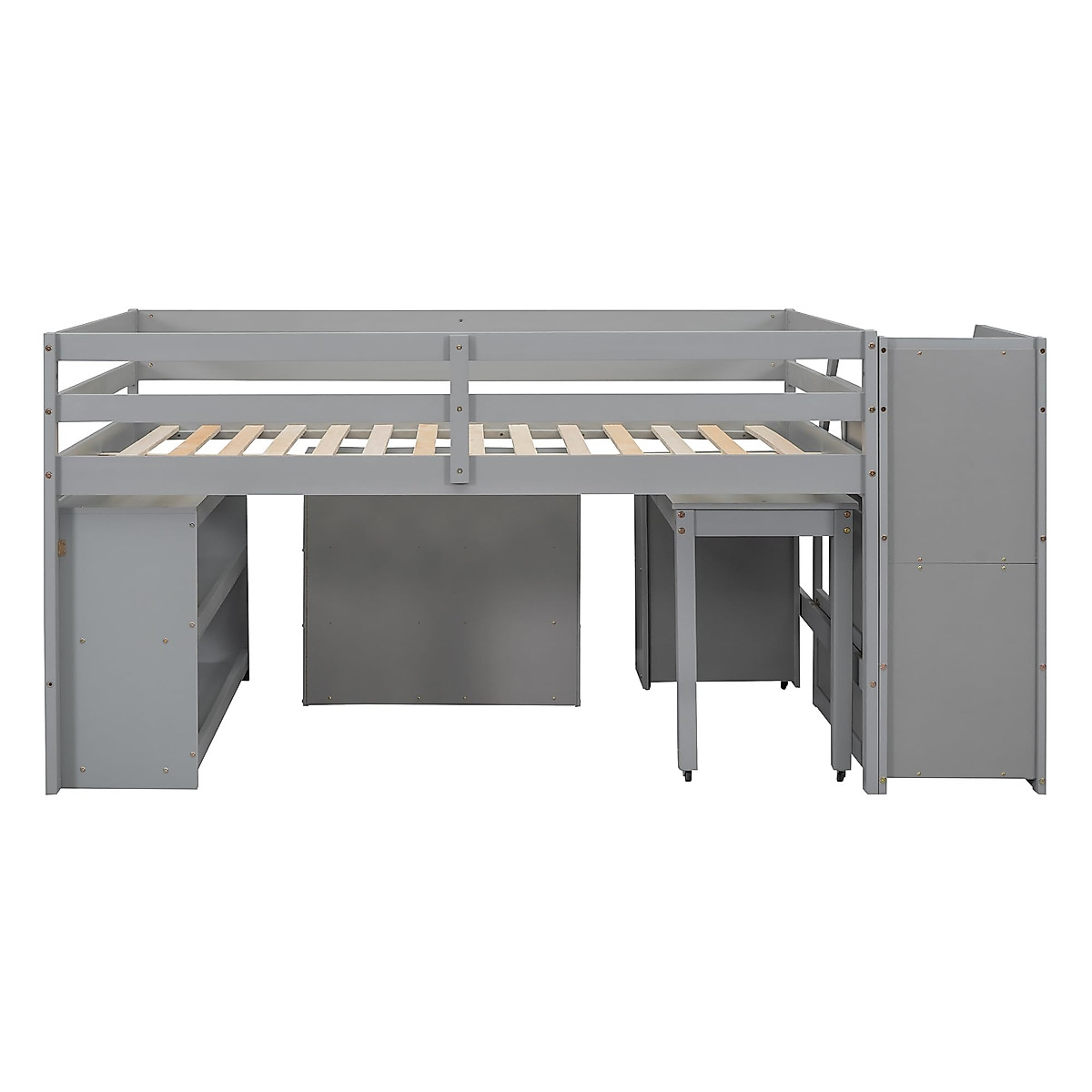 Lifeand Full Size Loft Bed with Retractable Writing Desk and 3 Drawers, Wooden Loft Bed with Storage Stairs and Shelves, Gray