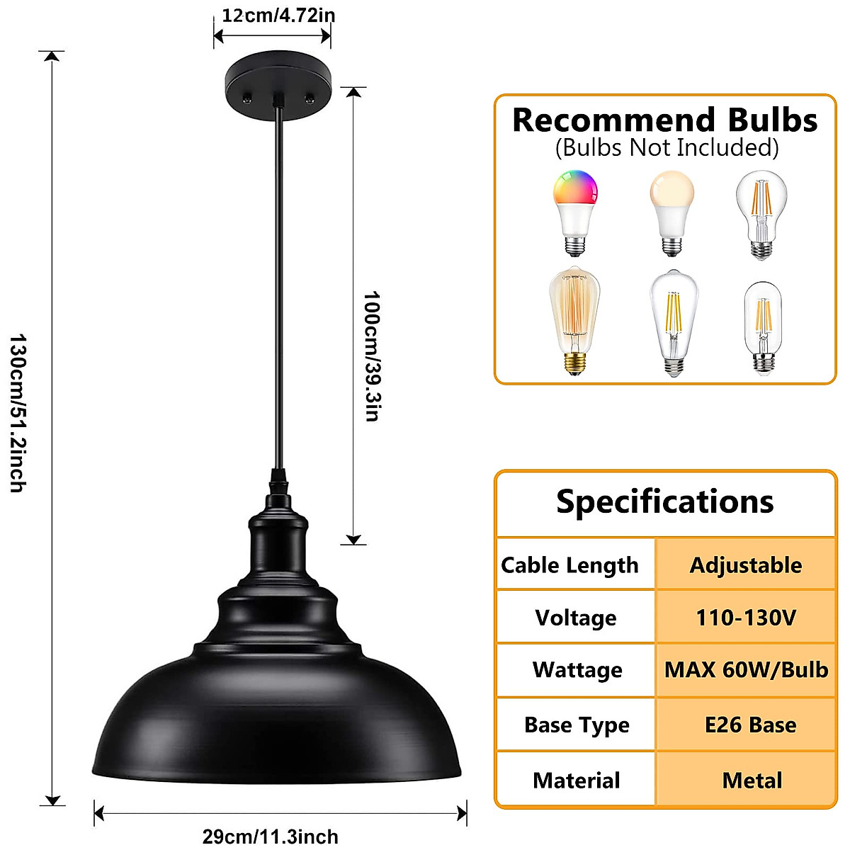 Asnxcju Matte Black Pendant Light, Industrial Farmhouse Pendant Light Vintage Hanging Ceiling Lamp Fixtures for Kitchen Island, Barn, Dining Room 2 Pack