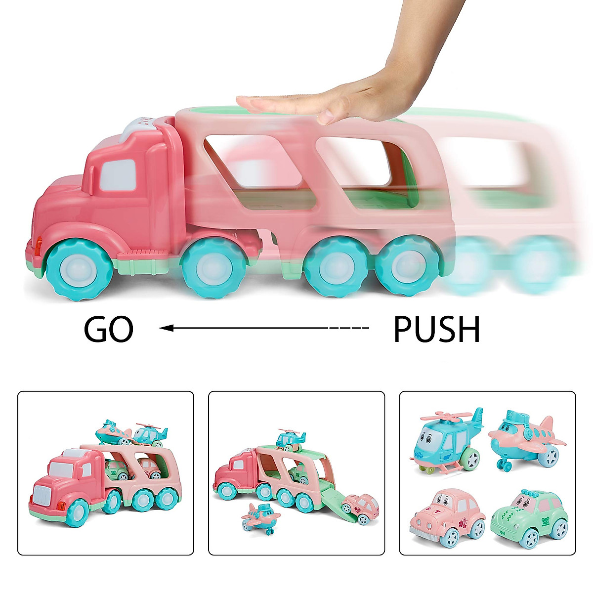 SHCKE Cartoon Pink Toy Cars for Girls, 5 in 1 Friction Powered Pink Truck Toy for Toddlers, Macaron Car/Airplane/Helicopter, Perfect Toddler Car Toy for Girls