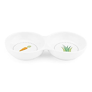 Navaris Double Food Bowl for Small Animals - Ceramic Food Bowls for Rabbits, Guinea Pigs, Small Pets - Rabbit Water Dish - Carrot and Grass Design