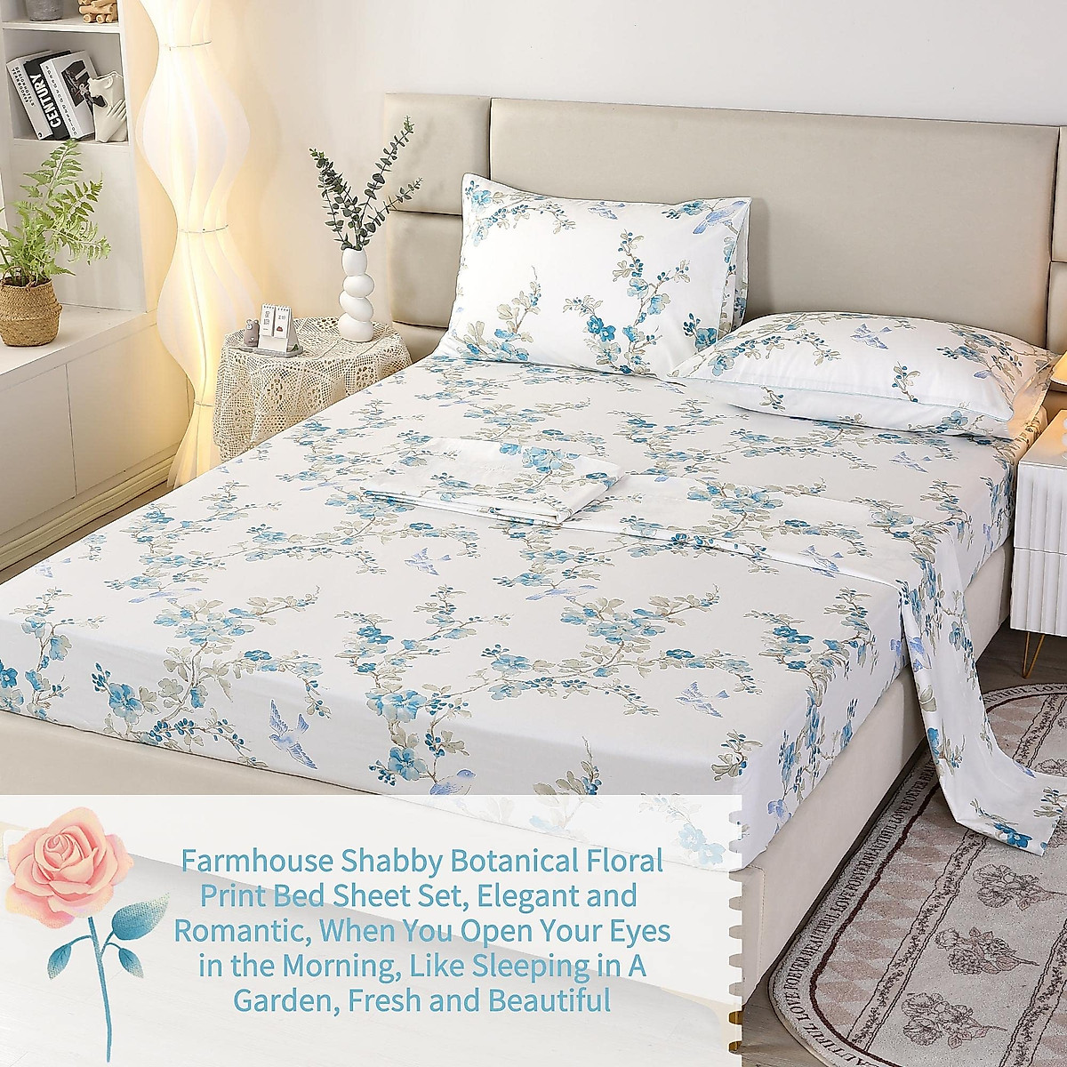 RYNGHIPY Flowers and Birds Sheet Sets Queen Size, Botanical Floral Egyptian Cotton Bedding Sheets, Shabby Cotton Sheets with Pillowcases Extra Breathable 4Pcs (Cyan,Queen Size)