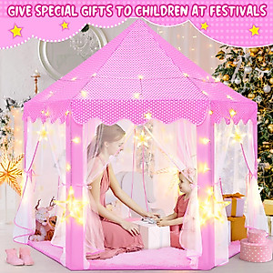 KIXINWA Pink Princess Tent for Girls, Kids Play Tent with LED Large Star Lights, Castle Playhouse Tent for Children Toddlers Indoor Outdoor Games, 55×53 Inches