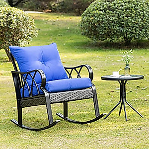 Outsunny Outdoor Wicker Rocking Chair with Padded Cushions, Aluminum Furniture Rattan Porch Rocker Chair w/Armrest for Garden, Patio, and Backyard, Blue