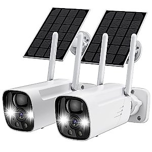 Menggood Solar Security Cameras Wireless Outdoor 2 Pack,2K Outdoor Wireless Cameras for Home Security,No Monthly Fee,Color Night Vision/AI Motion Detection/2-Way Audio/Work with Alexa-White