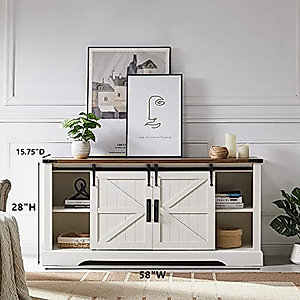 OKD TV Stand for 65+ Inch TV, Modern Farmhouse Entertainment Center with Sliding Barn Door, Wood Rustic Media Console Cabinet with Adjustable Shelf for Living Room, Antique White
