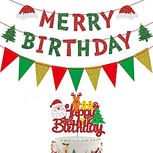 Christmas Birthday banner Merry Birthday Christmas Banner Decorations Red Green Glitter Christmas Xmas Tree Decorations Birthday Cake Toppers Decoration Baby Shower Vacation Holiday Party Decorations
