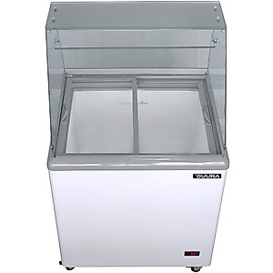 Duura 4 Flavor Commercial Ice Cream Dipping Cabinet and Gelato Deep Freezer Case Glass Top 7.5 Cubic Feet of Storage Space Holds 4 Tubs Stores 2 More with Tub Holders and Skirts, 31.5 Inch Wide, White