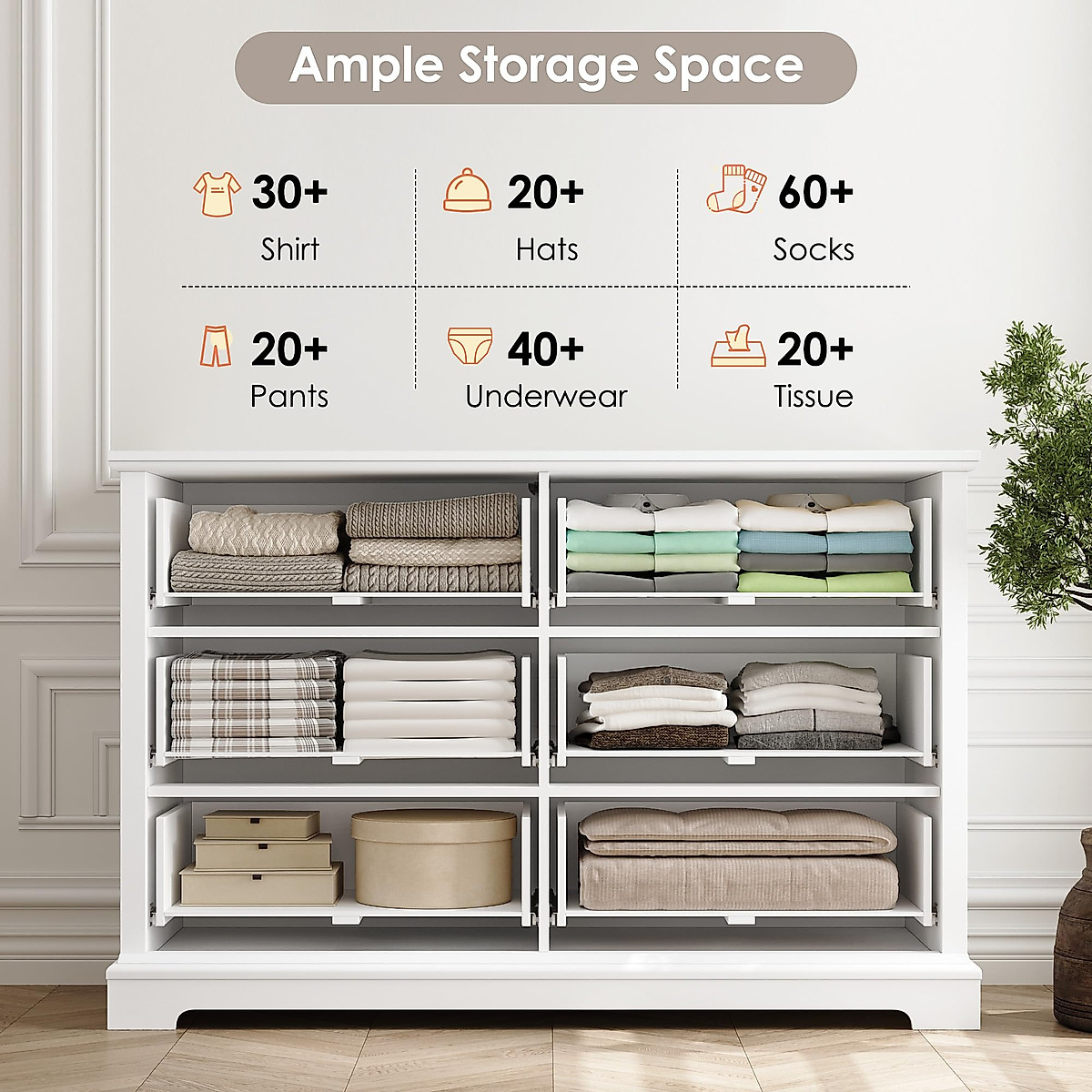 HOSTACK 6 Drawers Dresser, White Chest of Drawers, Wide Wood Double Dressers, Modern Farmhouse Storage Dresser for Living Room, Entryway, Hallway