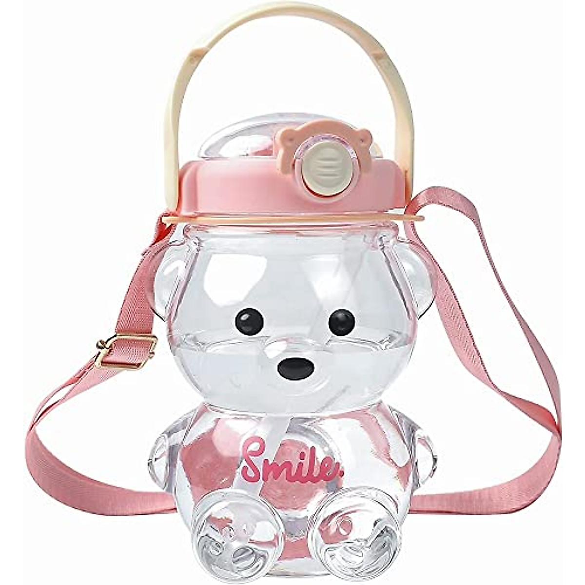 JRIQH Kawaii Bear Straw Bottle,Leak-Proof Water Bottle with Adjustable & Removable Shoulder Strap for Boy and Girls (pink)