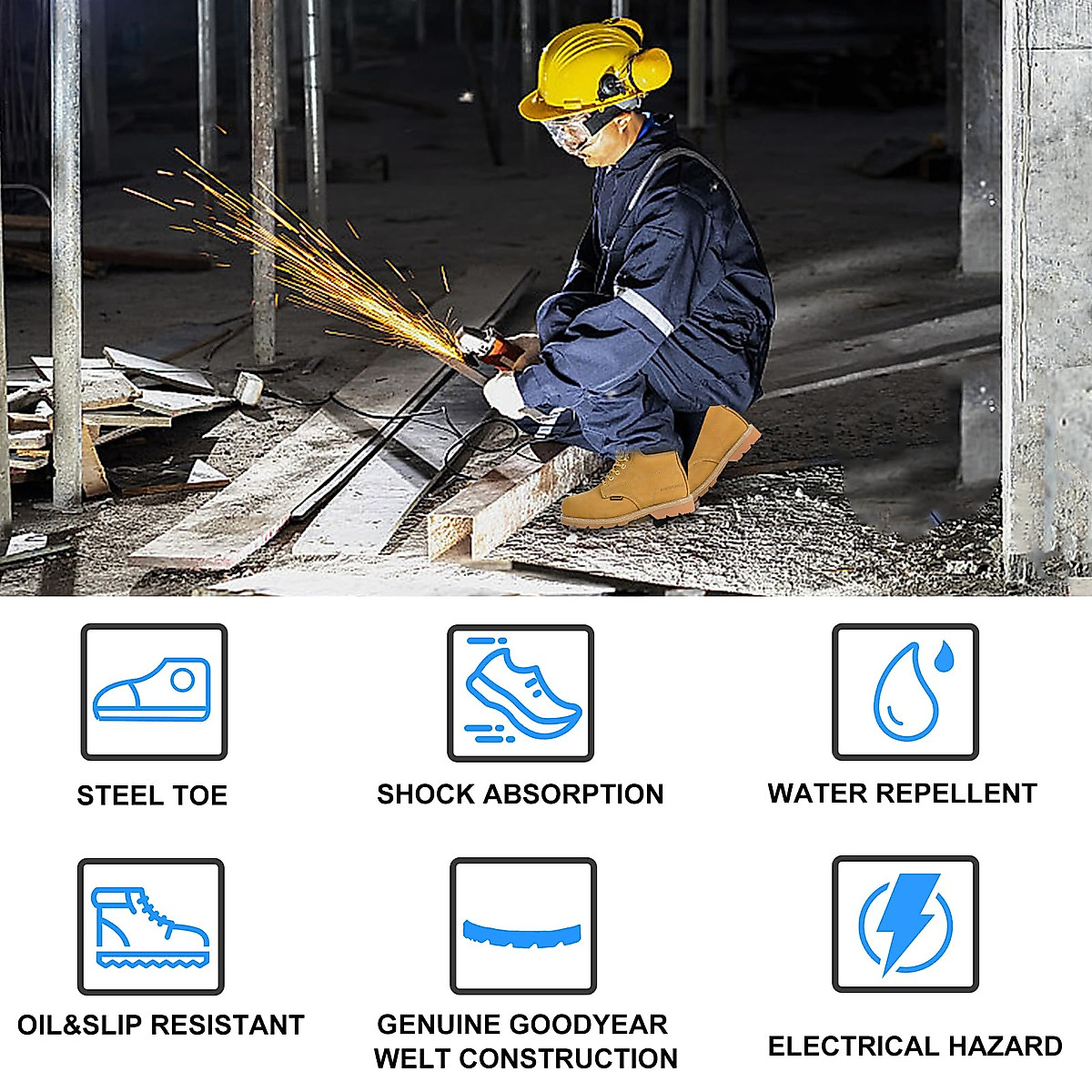 BOIWANMA Work Boots for Men, Steel Toe Leather Safety Boots, Oil, Slip and Heat Resistant Heavy Duty Wide Industrial & Construction Boots, US 12