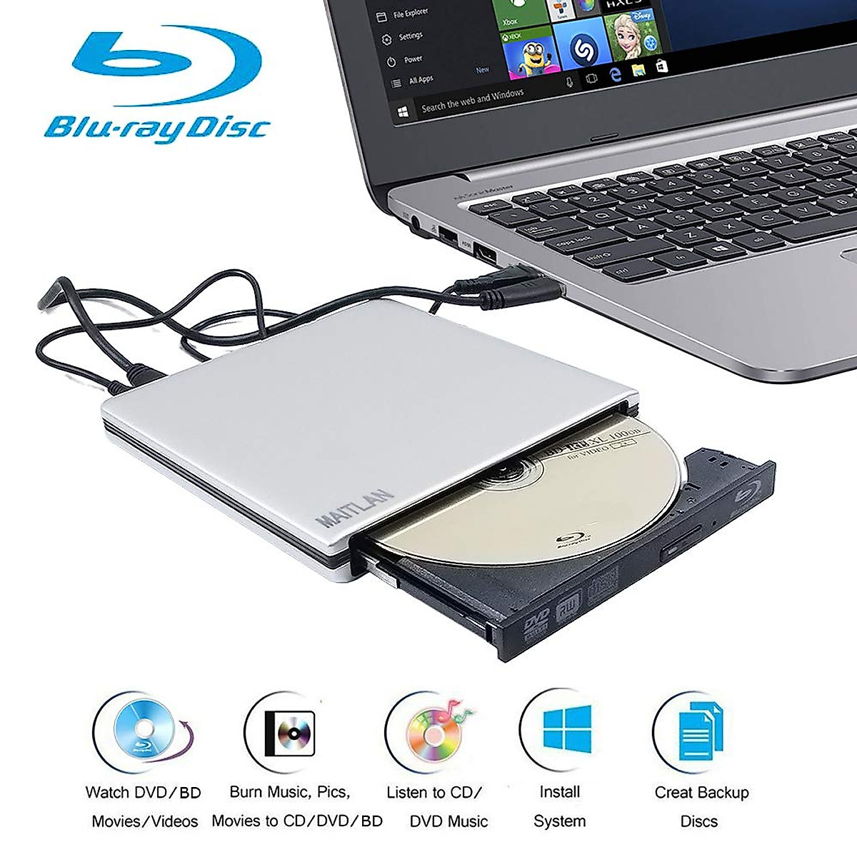 USB 3.0 Portable External 6X Blu-ray Burner Optical Drive, for Samsung Notebook 9 Pro S 7 5 10 Spin Series XE500C13 ATIV Book 9 15 2019 Ultrabook Laptop, 3-D Blue ray DVD Players, 8X DVD+-R DL Writer