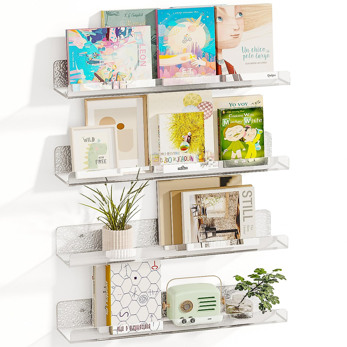 Fixwal Clear Acrylic Shelves, Set of 4, 15 Inch Floating Wall Mounted Shelves, Stone Pattern, Display Case, Floating Bookshelf, Wall Decor for Bathroom Storage