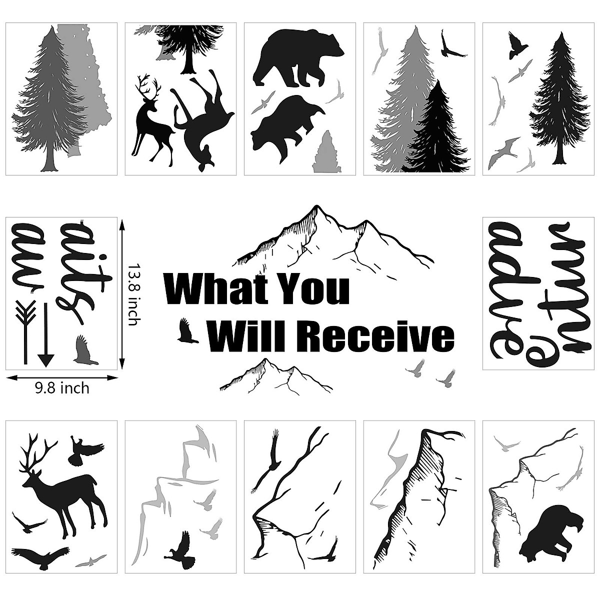 Pajean Woodland Nursery Wall Stickers Tree Wall Decals Vinyl Wall Quotes Stickers Jungle Wild Mountain Forest Animal Deer Bear DIY Stickers for Kids Room Decor Boy Living Room Bedroom, 9.8 x 13.8 Inch