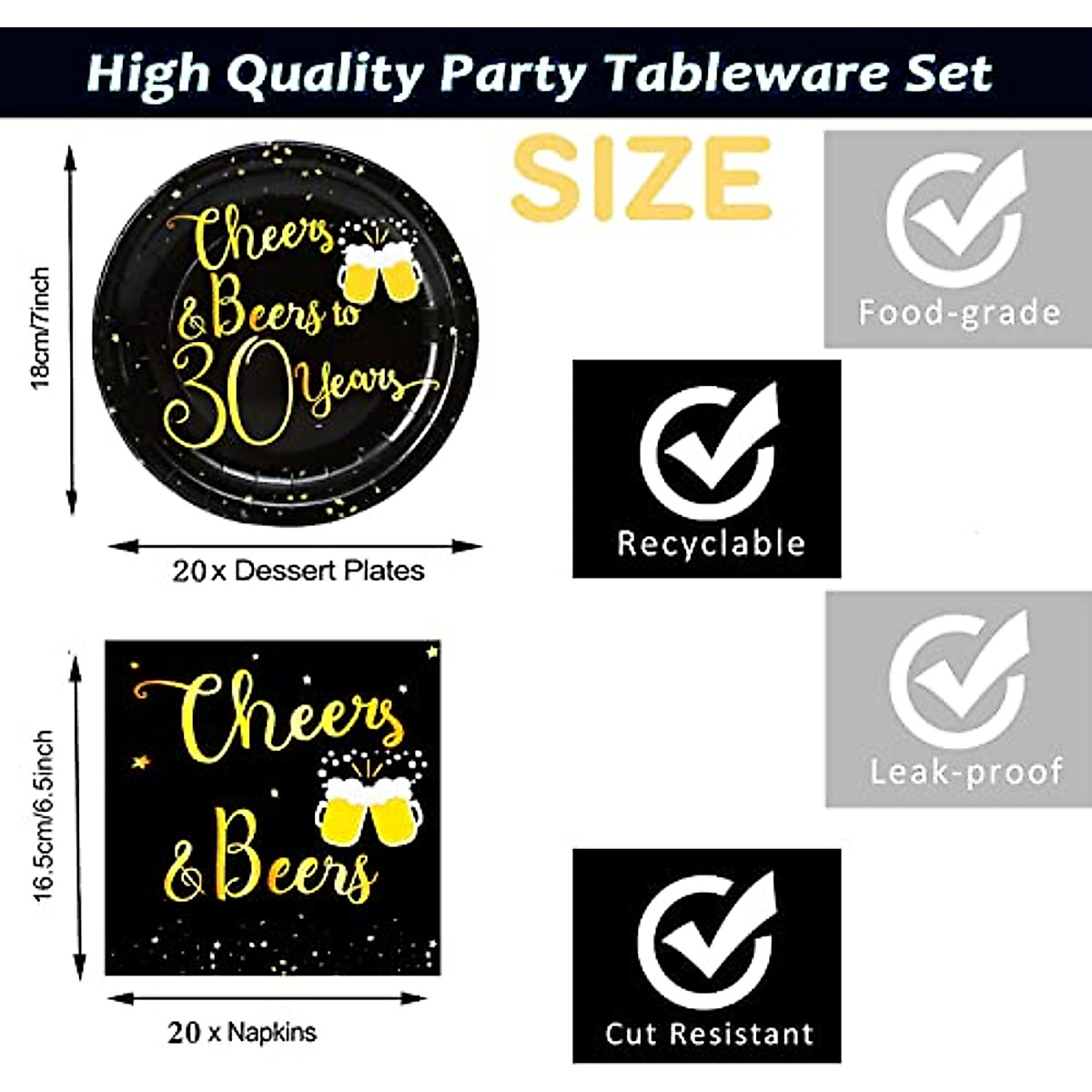 30th Birthday Party Supplies Cheers & Beers Tableware Set Cheers to 30 Years Plates 7"and Napkins for Black and Gold Birthday Supplies 30th Birthday Anniversary Whiskey Party Decorations (Serves 20)