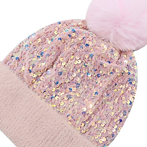 Caviotess Women Sparkly Sequins Knitted Beanie Hat Warm Winter Skull Cap with Faux Fur Pom Pom Light Pink