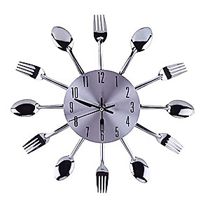 Kitchen Wall Decor, Stainless Steel Large 3D Mirror Modern Design Cutlery Kitchen Utensil Spoon Fork Wall Clock for Kitchen or Eating Area Decoration