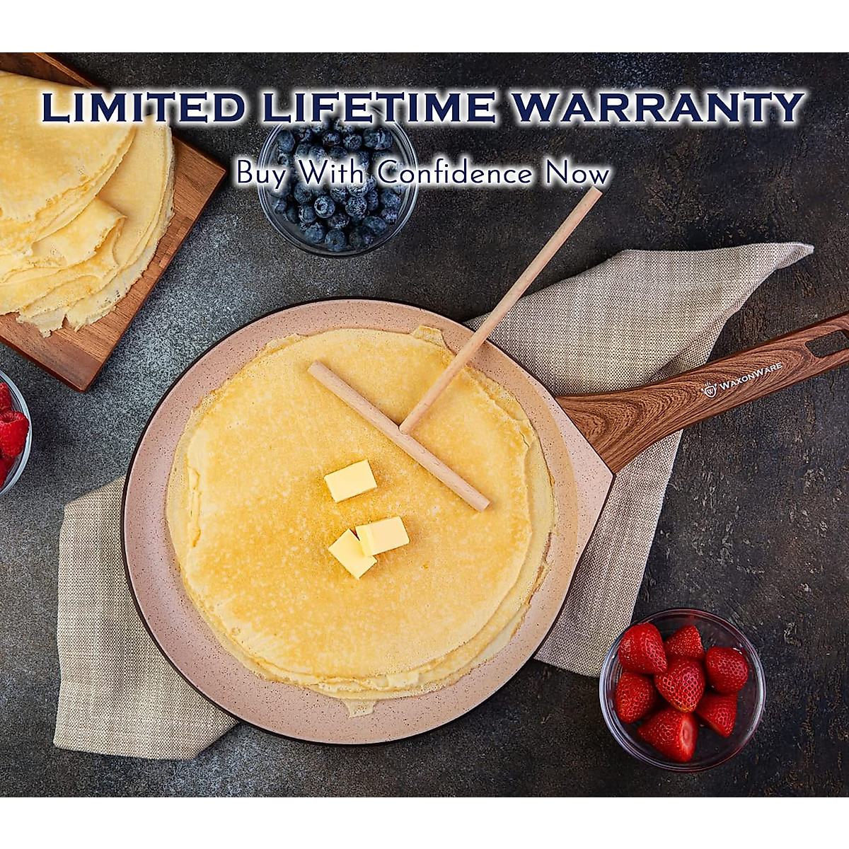 WaxonWare 11 inch Nonstick Crepe Pan Set with Crepe Spreader: Marbellous Series Flat Stove Top Nonstick Pan for Crepes, Tortilla, and Dosa - 100% PFOA Free Non Stick German Coating - Pancake Pan