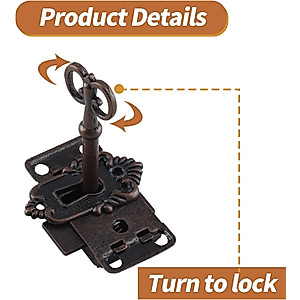 Kyuionty 2 Sets Skeleton Key Lock Decorative Antique Red Bronze Cabinet Lock with Key for Chest Cupboard Furniture