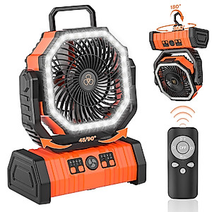 Rechargeable Camping Fan with LED Lantern, 20000mAh Auto-Oscillating Battery Operated Fan with Remote/Hook/Timer, 8” Portable Fan for Picnic, Fishing,Tent, RV, Power Outages, Hurricane(Orange)