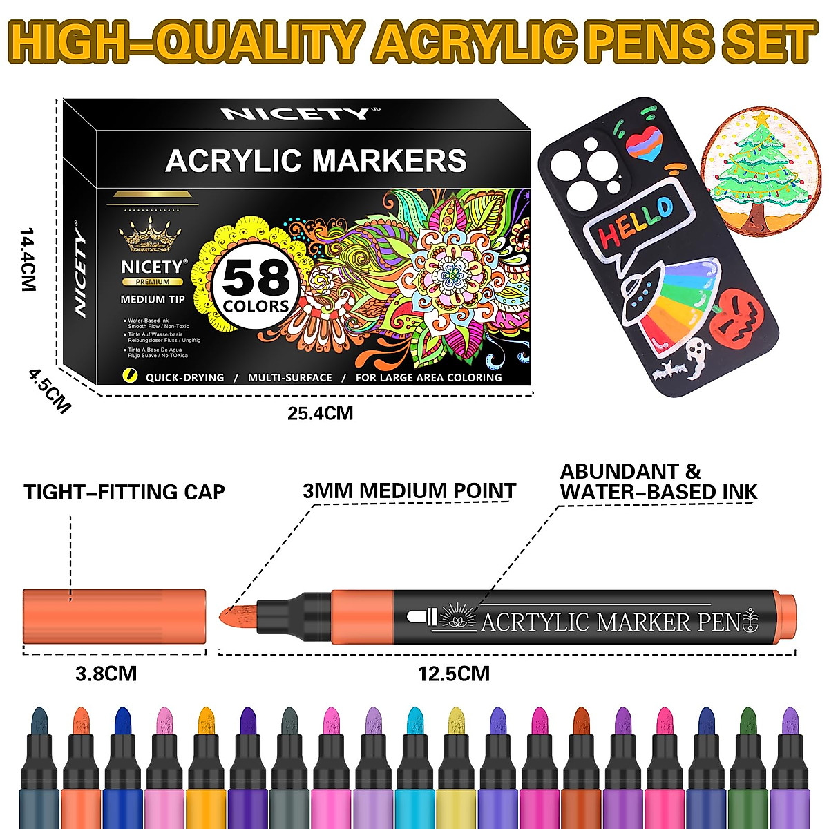 NICETY 58 Colors Acrylic Paint Pens Paint Markers, 3mm Medium Tip Point Acrylic Paint Pens for Rock Painting, Canvas, Wood, Ceramic, Glass, Stone, Fabric, DIY Crafts & Art Supplies