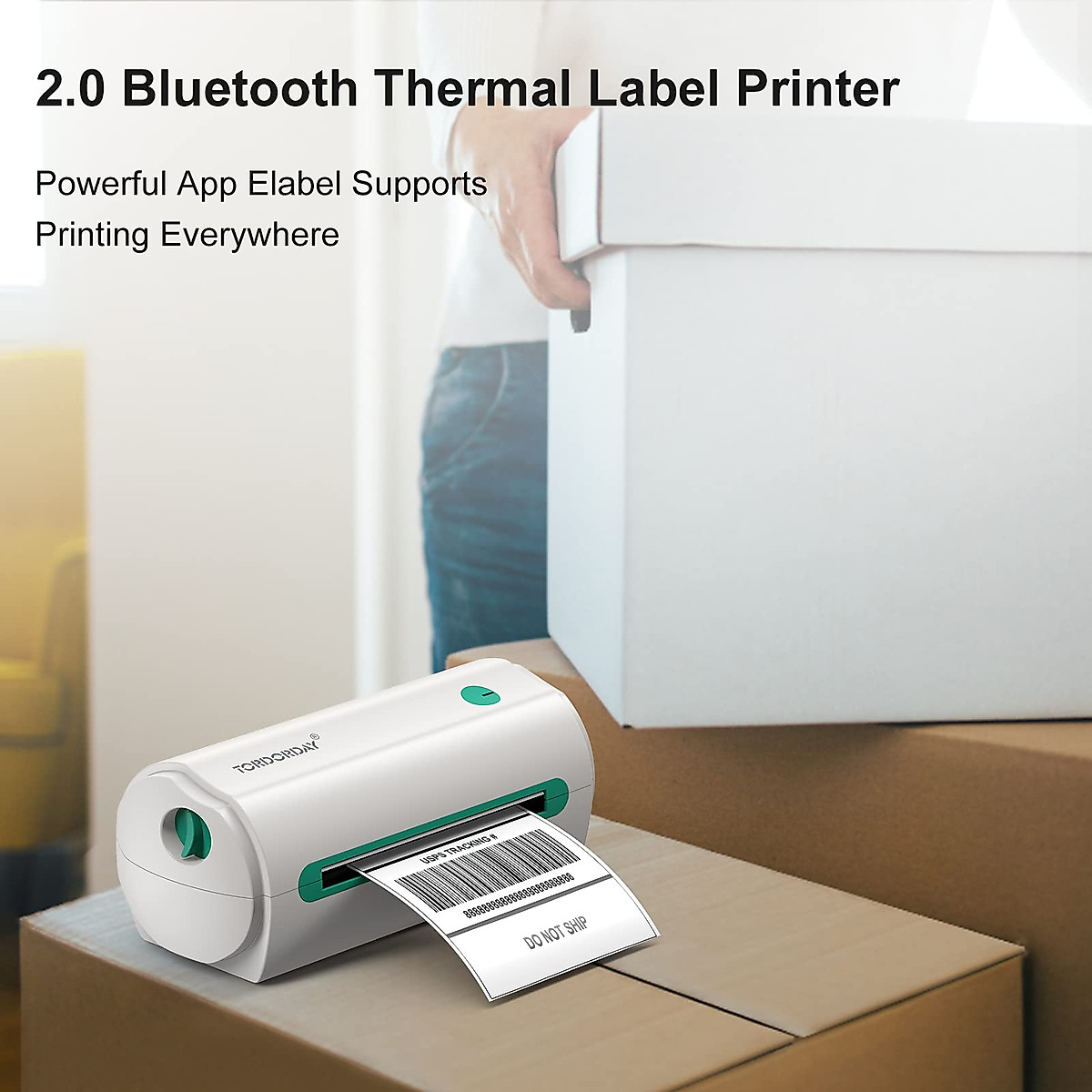 Tordorday Bluetooth Shipping Label Printer Work with App Elabel 4x6 Bluetooth Thermal Label Printer for Shipping Packages, Compatible with USPS, Shopify, Amazon, Ebay, FedEx