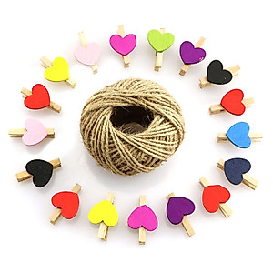 RuiLing Photo Craft Decoration Clips Set - 50pcs Colorful Mini Heart Love Wooden Clothespin + 10pcs Thumbtack + 1 Roll Hemp Rope